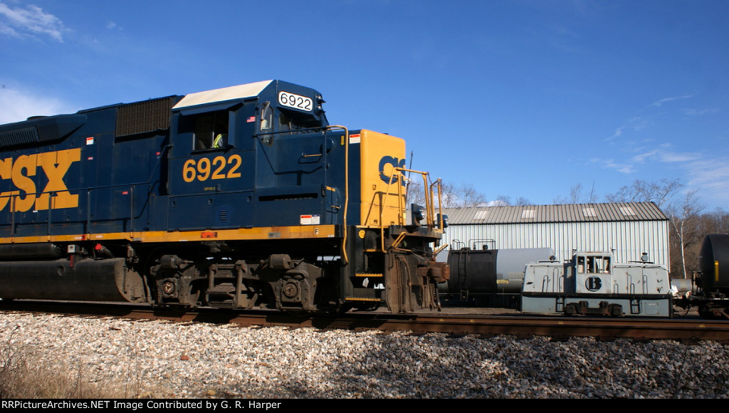 502 - CSXT 6922 on local H74409 passes on of the BRC Rail Car (formerly Buncher Rail Car) switchers